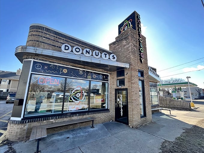 Donutology's sleek, retro-futuristic building looks like the Jetsons would stop here for breakfast.