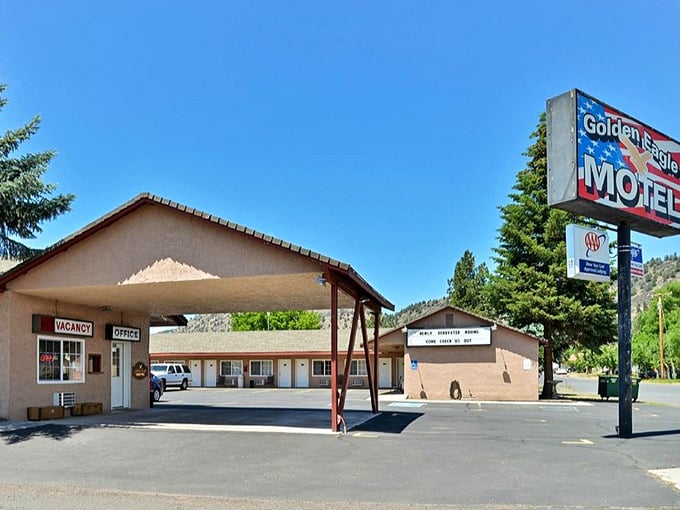 Dorris' Golden Eagle Motel sign stands tall against the blue sky – a slice of Americana that's refreshingly unchanged.