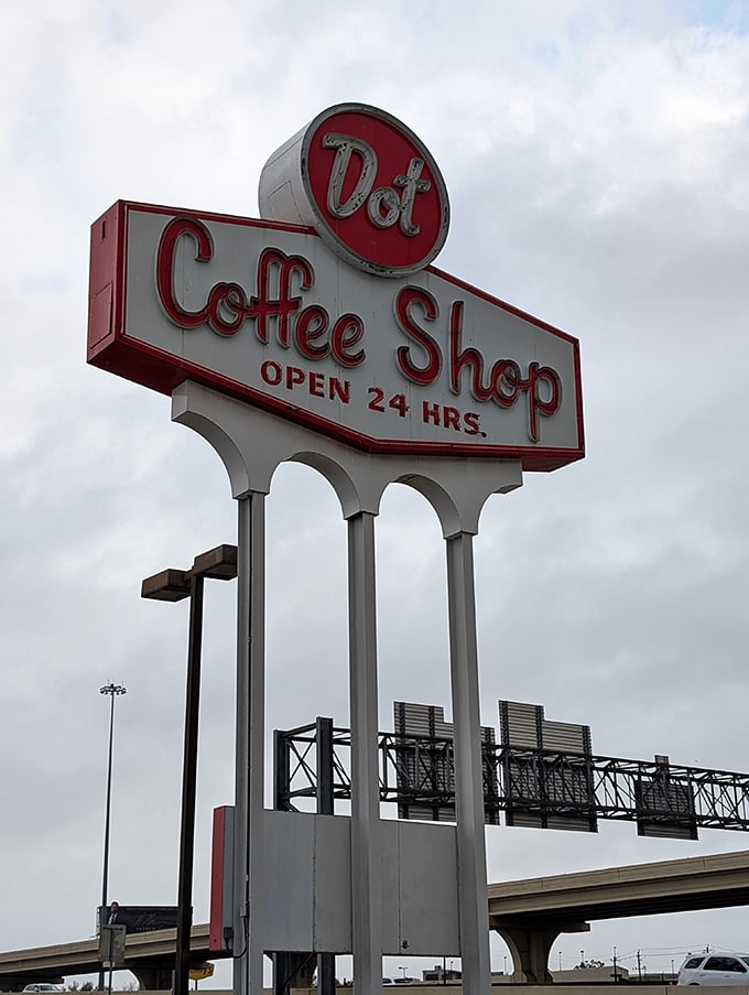 Dot Coffee Shop's retro sign towers above Houston – a 24-hour monument to comfort food.