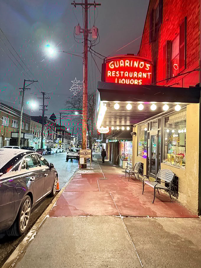Guarino's glowing façade at night is Cleveland's equivalent of the North Star for hungry travelers seeking red sauce salvation.