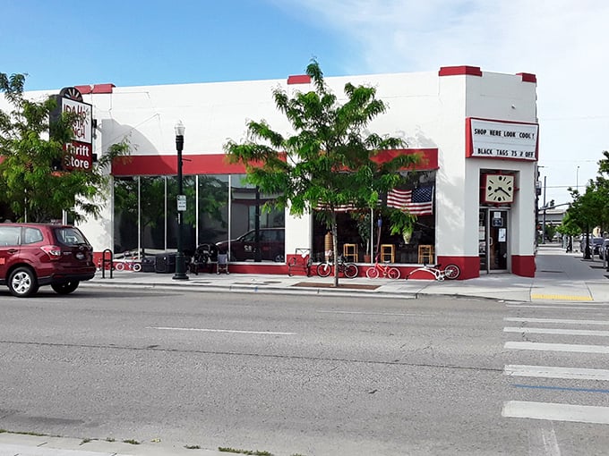 The Idaho Youth Ranch's charming vintage storefront brings Main Street character—red trim and community spirit in equal measure.