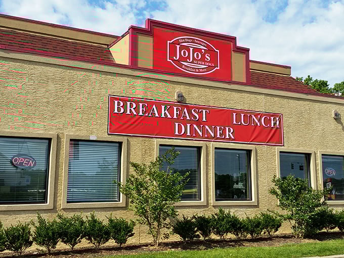 JoJo's Super Dogs promises "Breakfast, Lunch, Dinner" but locals know it's really "Hot Dogs, Hot Dogs, Hot Dogs."