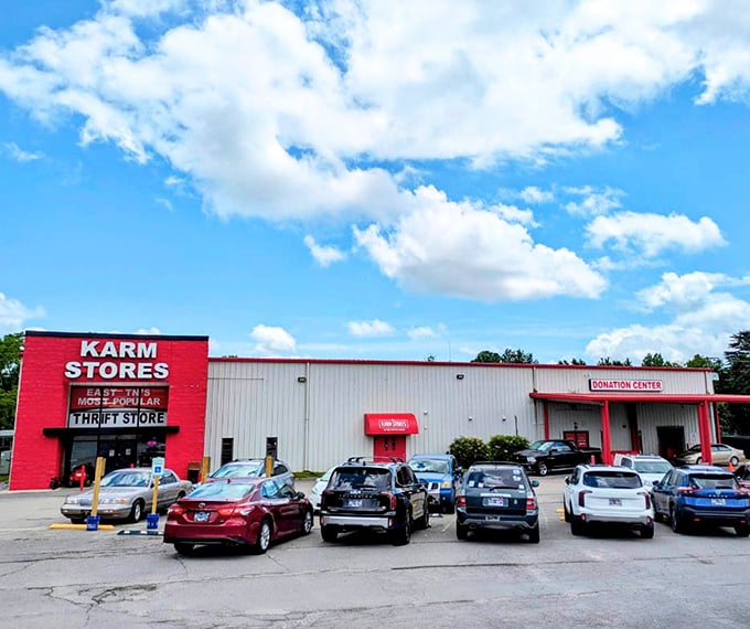 KARM's bright red entrance beckons bargain hunters like a beacon of thrifty hope.