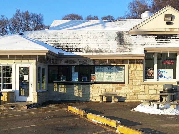 LeDuc's stone facade stands strong through Wisconsin winters, serving frozen treats to brave souls who know good custard has no season.