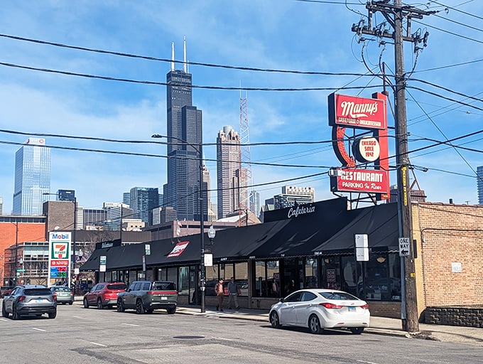 Manny's iconic sign stands tall against the Chicago skyline, a beacon for hungry souls everywhere.