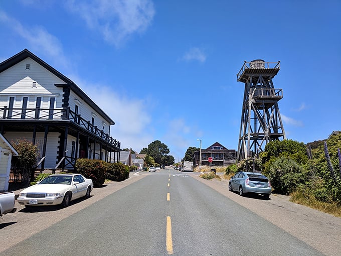 Mendocino's water tower stands guard like a Victorian lighthouse - minus the light, plus the small-town charm. 