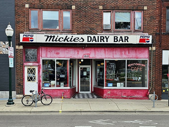 Mickie's pink facade stands out like a delicious sore thumb. That vintage Dairy Bar sign has been guiding hungry souls for generations.