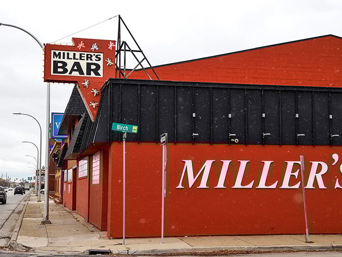 Miller's red exterior stands bold and proud, like a beacon for serious burger seekers.