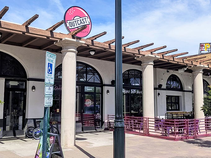 Outcast's modern pergola setup makes eating donuts feel like dining al fresco in a hip European café.