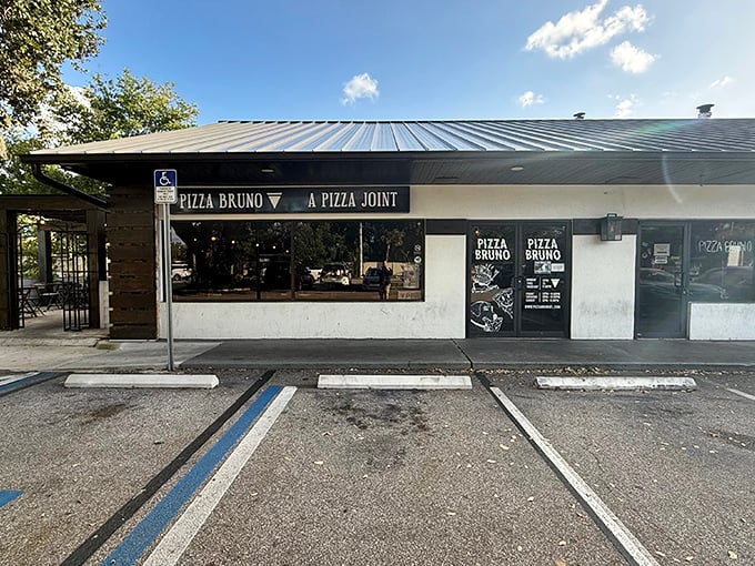 Pizza Bruno's sleek simplicity promises serious pie craftsmanship hiding behind those clean, modern windows.