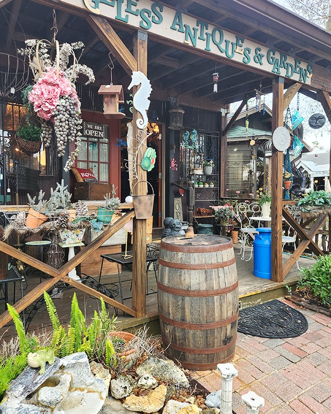 Renninger's charming outdoor displays have a rustic appeal. That wooden barrel isn't just decoration—it's someone's future conversation piece!