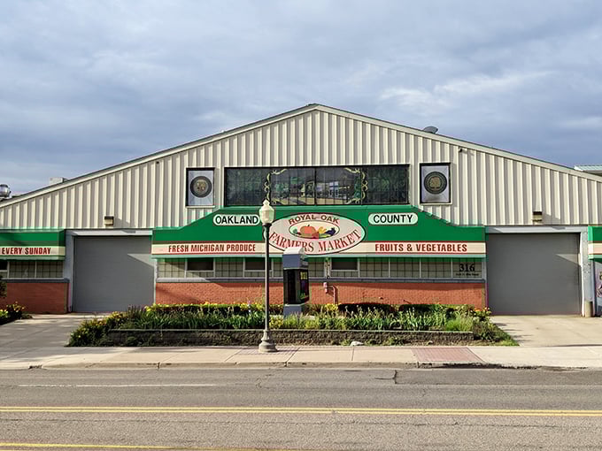 Fresh produce meets forgotten treasures. Royal Oak's market building stands ready for another weekend of wheeling and dealing.