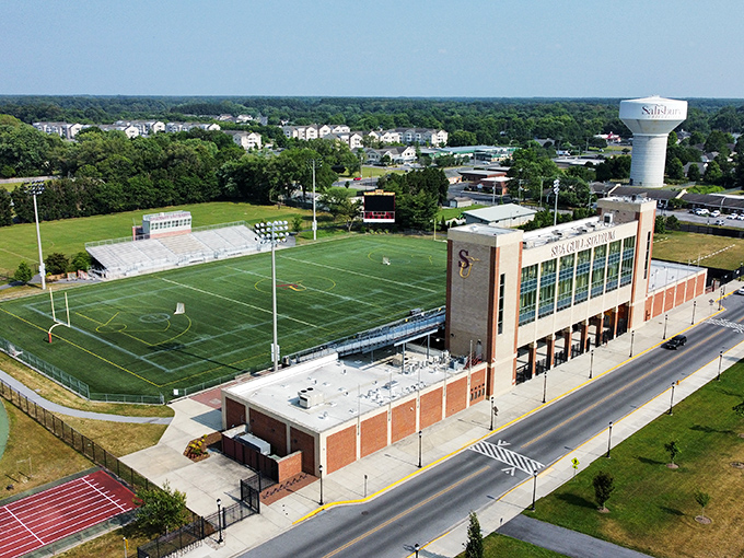 Salisbury University’s Sea Gull Stadium stands ready for game day, with its modern facilities and sprawling field set to host the next big matchup.