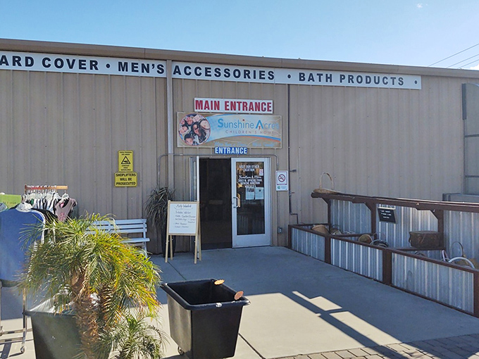 Sunshine Acres warehouse exterior hints at the massive treasure hunt waiting inside those metal doors.
