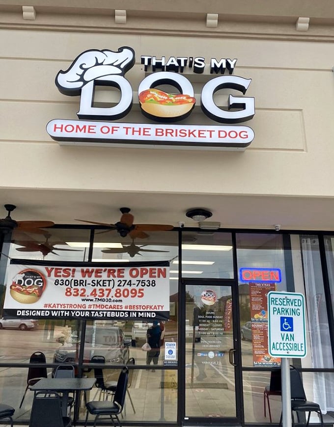 "That's My Dog" proudly announces itself as the "Home of the Brisket Dog"—a Texas marriage of BBQ and franks that feels like it should've happened decades ago.