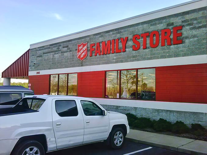 The Salvation Army's bold red and stone exterior isn't just eye-catching – it's a promise of treasures waiting inside.