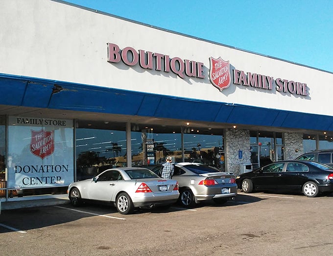 The Salvation Army's Boutique Family Store offers a department store experience with thrift store prices. Blue awnings signal big bargains inside!