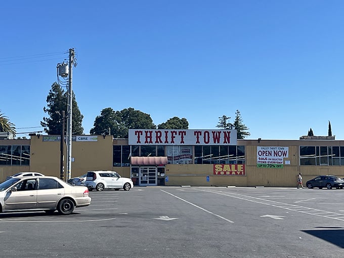 Thrift Town's massive warehouse exterior promises the kind of treasure hunting adventure that lasts all day.