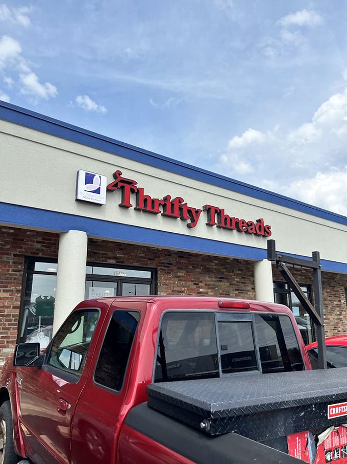 Thrifty Threads' brick exterior promises organized shopping bliss for Indianapolis treasure hunters seeking style.