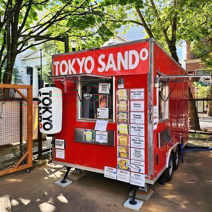Tokyo Sando's bright red food cart brings a splash of color to Portland's vibrant food scene.