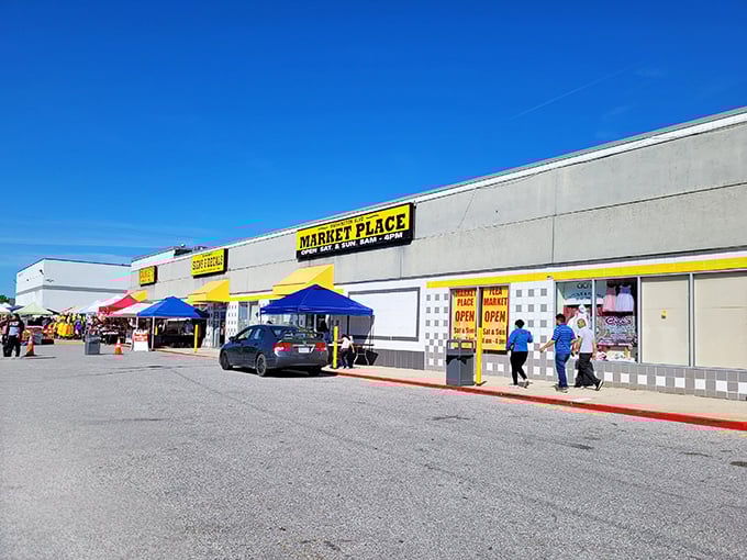 Clean lines and yellow accents signal serious shopping ahead - this isn't your typical dusty flea market experience.