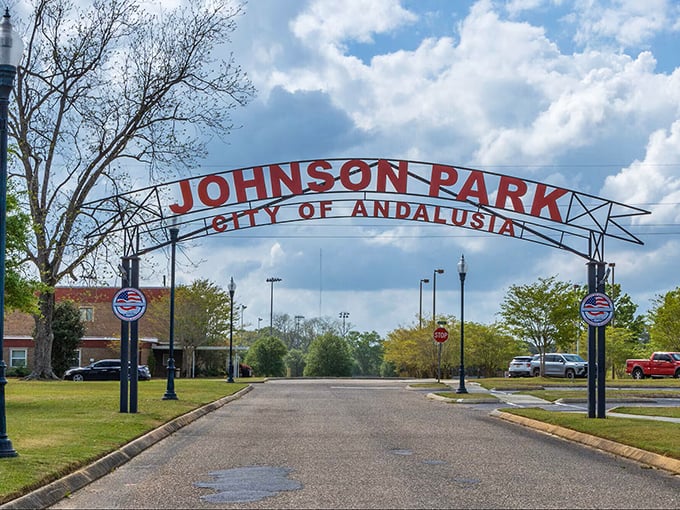Johnson Park welcomes visitors with a classic entrance arch—the perfect gateway to Andalusia's laid-back, budget-friendly lifestyle.