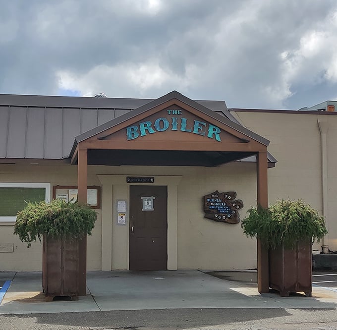 No frills, no fuss, just the promise of a perfectly cooked steak waiting behind those humble doors.