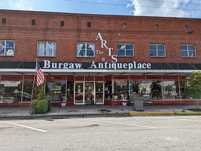 The bold red lettering against white brick announces this isn't just shopping—it's a historical expedition with souvenirs.