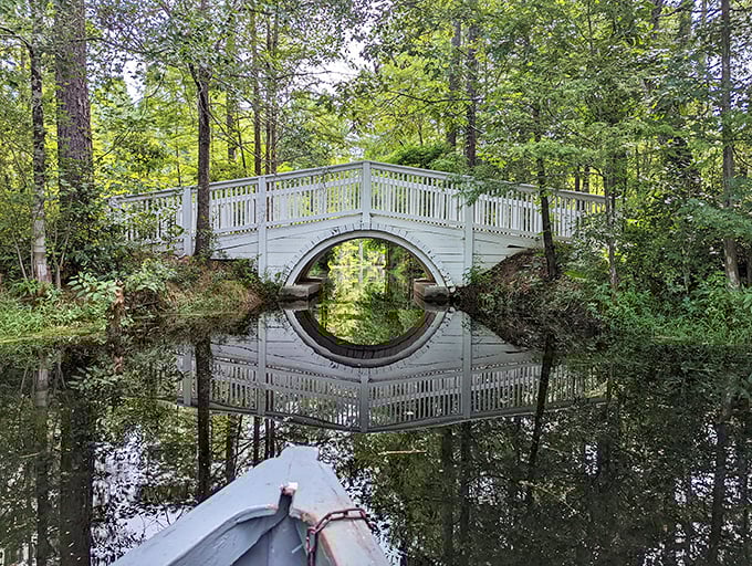 Circle of serenity! This white bridge creates a perfect O of tranquility—like Mother Nature's zen meditation symbol floating on black-water glass.