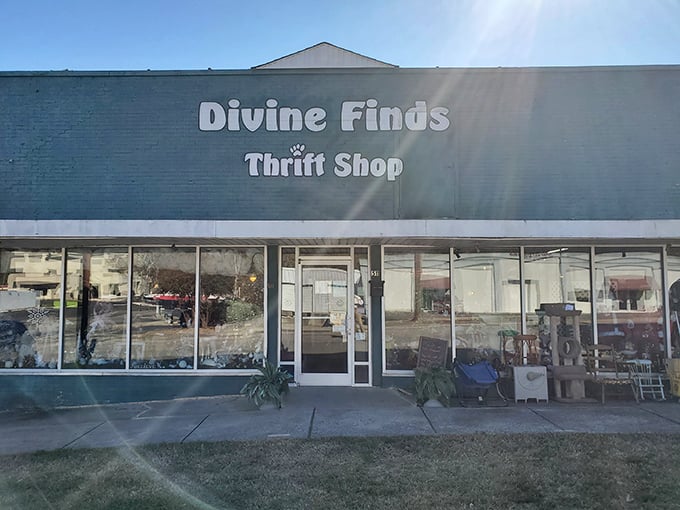 The wide windows showcase organized displays that make this thrift shop look more like a boutique than bargain hunting.