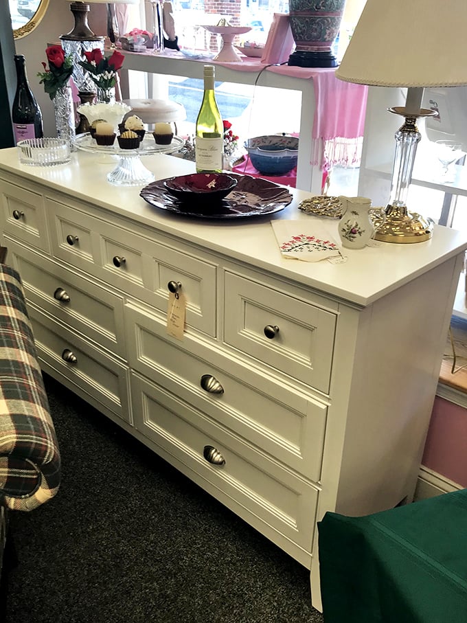 That pristine white dresser proves one person's donation becomes another's perfect home décor centerpiece treasure.