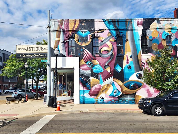 That eye-popping street art isn't just decoration – it's a hint that this isn't your grandmother's dusty antique shop.