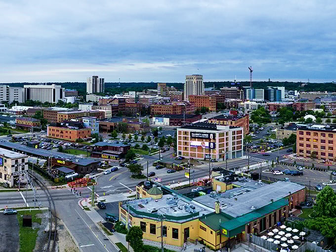 A bird's-eye view of Kalamazoo reveals a compact, walkable city where college-town energy creates a vibrant yet affordable atmosphere.