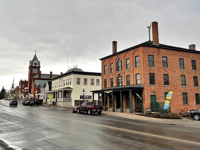 Rain-slicked streets in Newport reflect the town's practical approach to life—beautiful but without unnecessary frills that drive up costs.