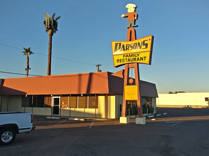 The sunset glow on Parsons' sign – where family restaurant actually means "we'll feed you like family."