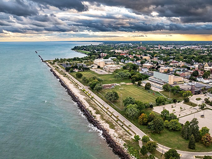 The shoreline stretches into the distance along Racine's waterfront—nature's version of a stress-relief poster come gloriously to life.