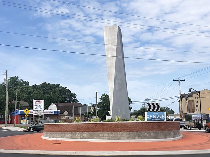 A striking modern monument rises from Camden’s roundabout, welcoming visitors with a bold landmark that marks the heart of the community.