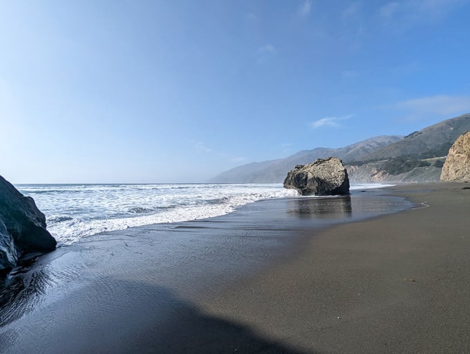 The rugged beauty of San Carpoforo Creek Beach turns every tide into a brushstroke on nature’s quiet, windswept canvas.
