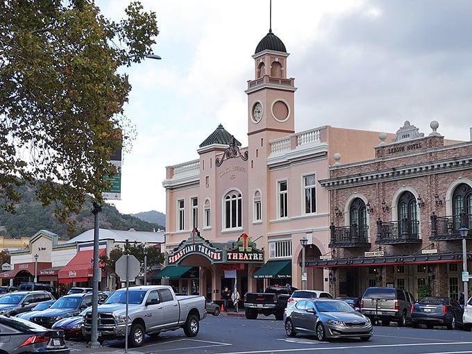 Theater marquees and vintage charm create the perfect backdrop for leisurely wine country strolls.