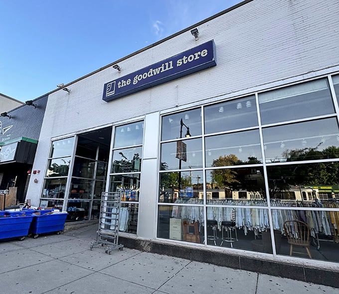 Goodwill's organized racks stretch into the distance, a color-coded roadmap to affordable style and home goods.
