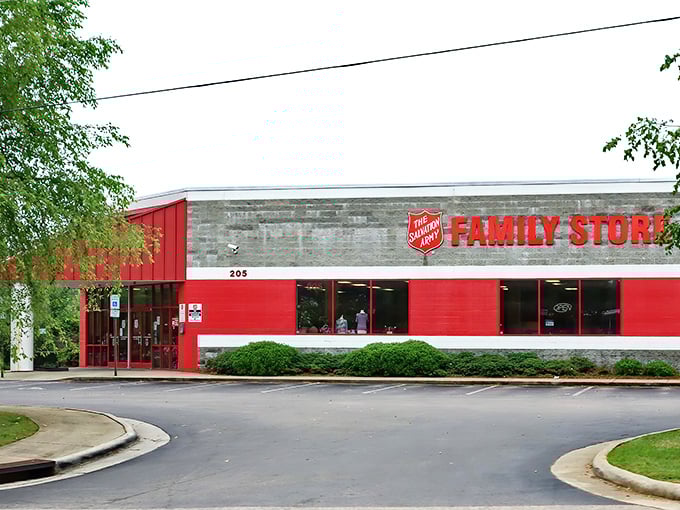 Salvation Army's distinctive red signage stands out like a friendly hello against the stone and gray backdrop.