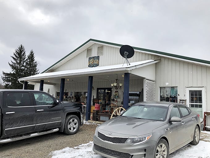 With snow blanketing the ground and its crisp white exterior, this country antique shop feels like a timeless winter wonderland with every visit.