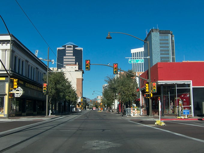 Tucson City: Downtown stretches wide, blending steel, glass, and stoplights—modern bustle wrapped in a distinctly Southwestern pace.