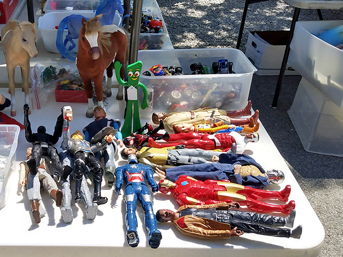 Childhood memories lined up for adoption. These action figures aren't just toys—they're time machines to Saturday morning cartoons and backyard adventures.