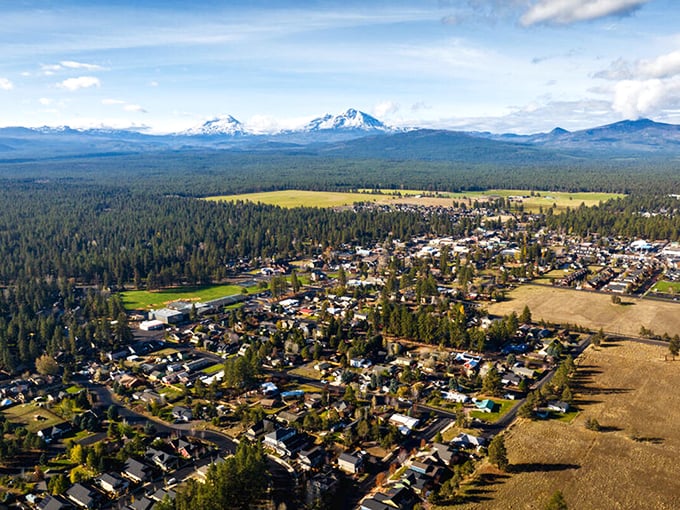 From above, Sisters looks like someone carefully arranged a model town beneath those mountains, proving that good things come in small packages.