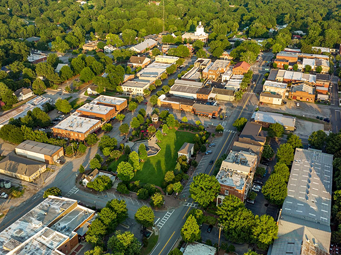 From above, Madison reveals its perfect town planning—a verdant town square surrounded by historic buildings, like a Norman Rockwell painting viewed from a drone.