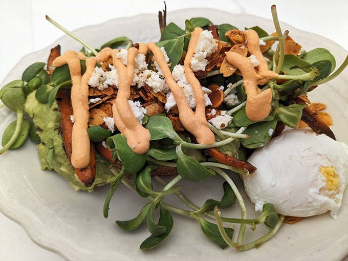 Avocado toast that puts your homemade version to shame. Crispy sweet potato, microgreens, and that sauce—oh that sauce—makes breakfast feel like a special occasion.