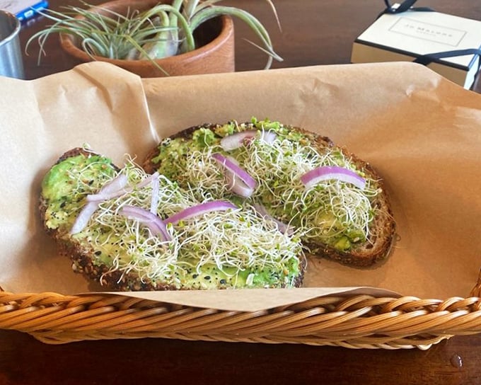 Avocado toast that puts all those basic Instagram versions to shame. Those sprouts and red onions aren't just garnish—they're game changers.