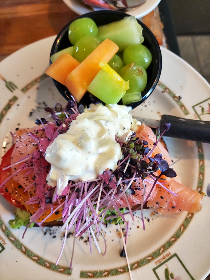 Salmon, microgreens, and creamy sauce atop fresh bread—this isn't just breakfast, it's edible artwork that happens to be nutritionally defensible.