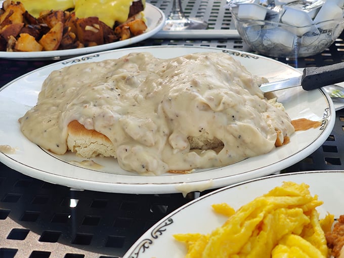 Biscuits and gravy so rich they should come with their own tax bracket. Southern comfort in every creamy bite.